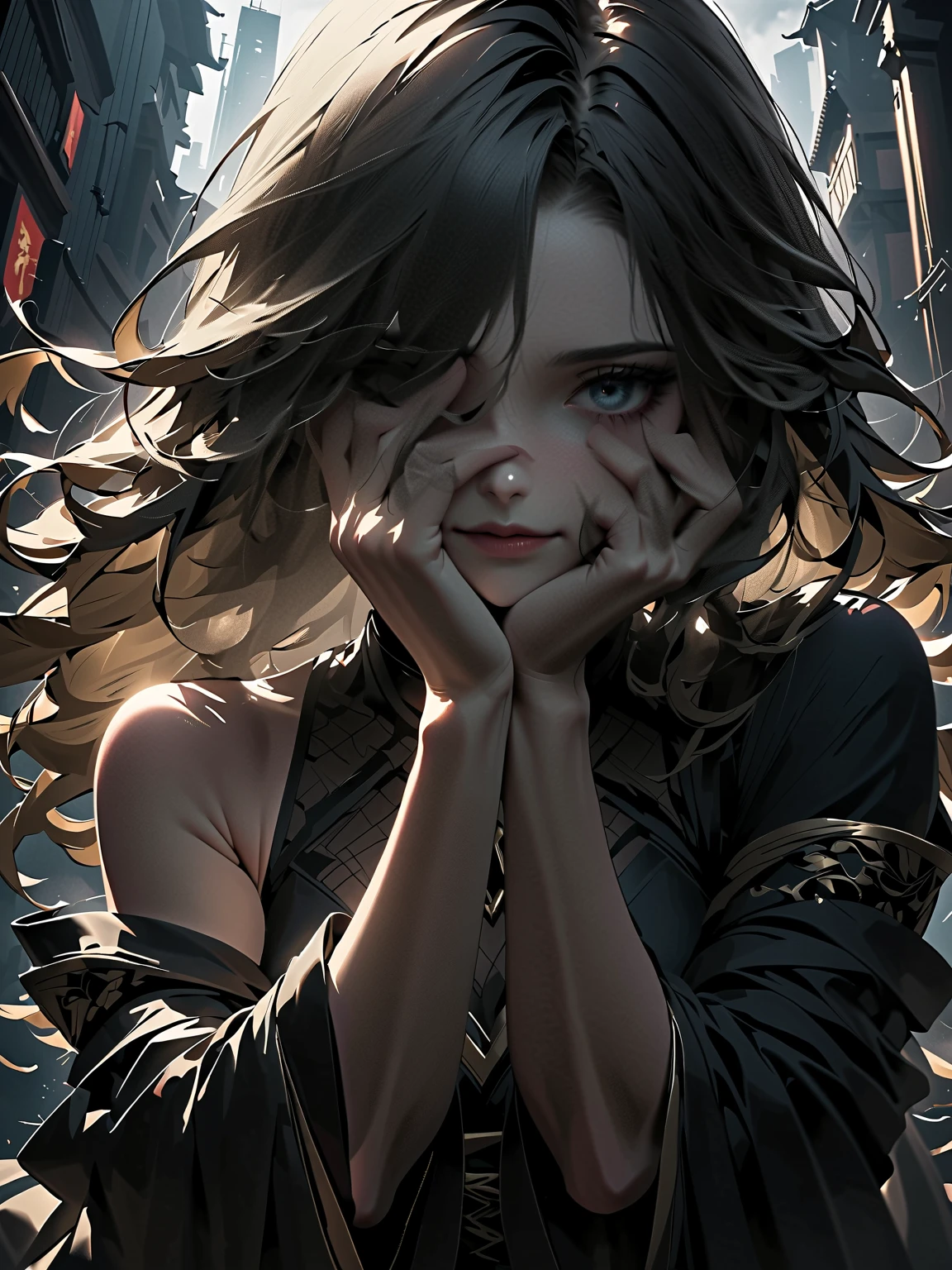 Full BODY shot:1.2、座っている、ブルーのジャケットを着てる女性、私を見る(((A mysterious and ...