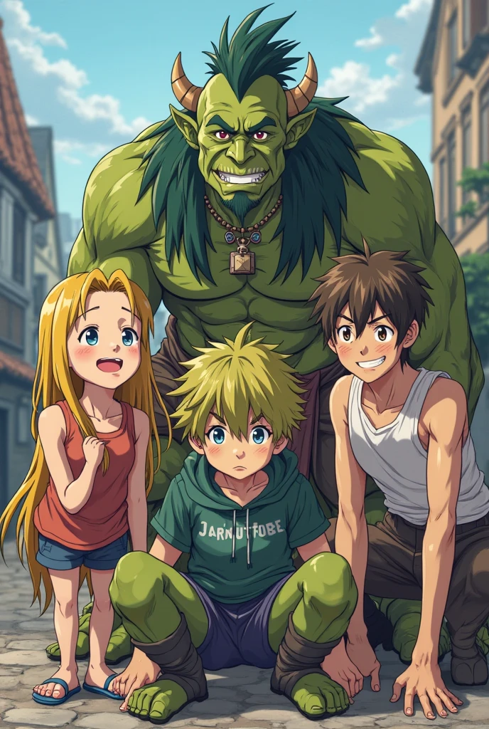 Anime screensaver with five characters, funny green Orc in the middle ...