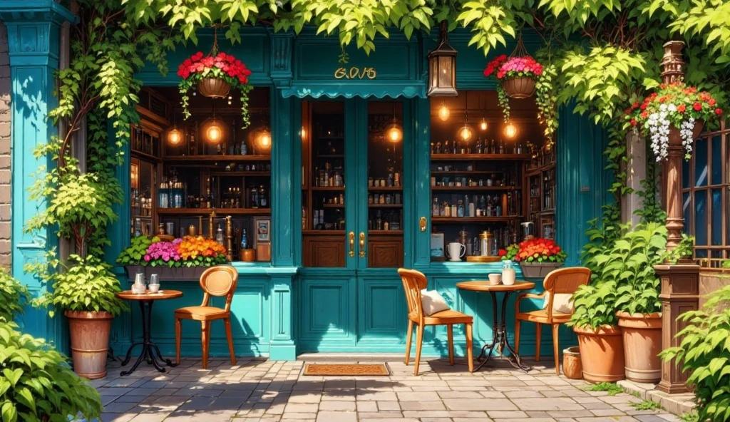 A charming outdoor cafe, depicted in a vibrant anime style. A teal ...