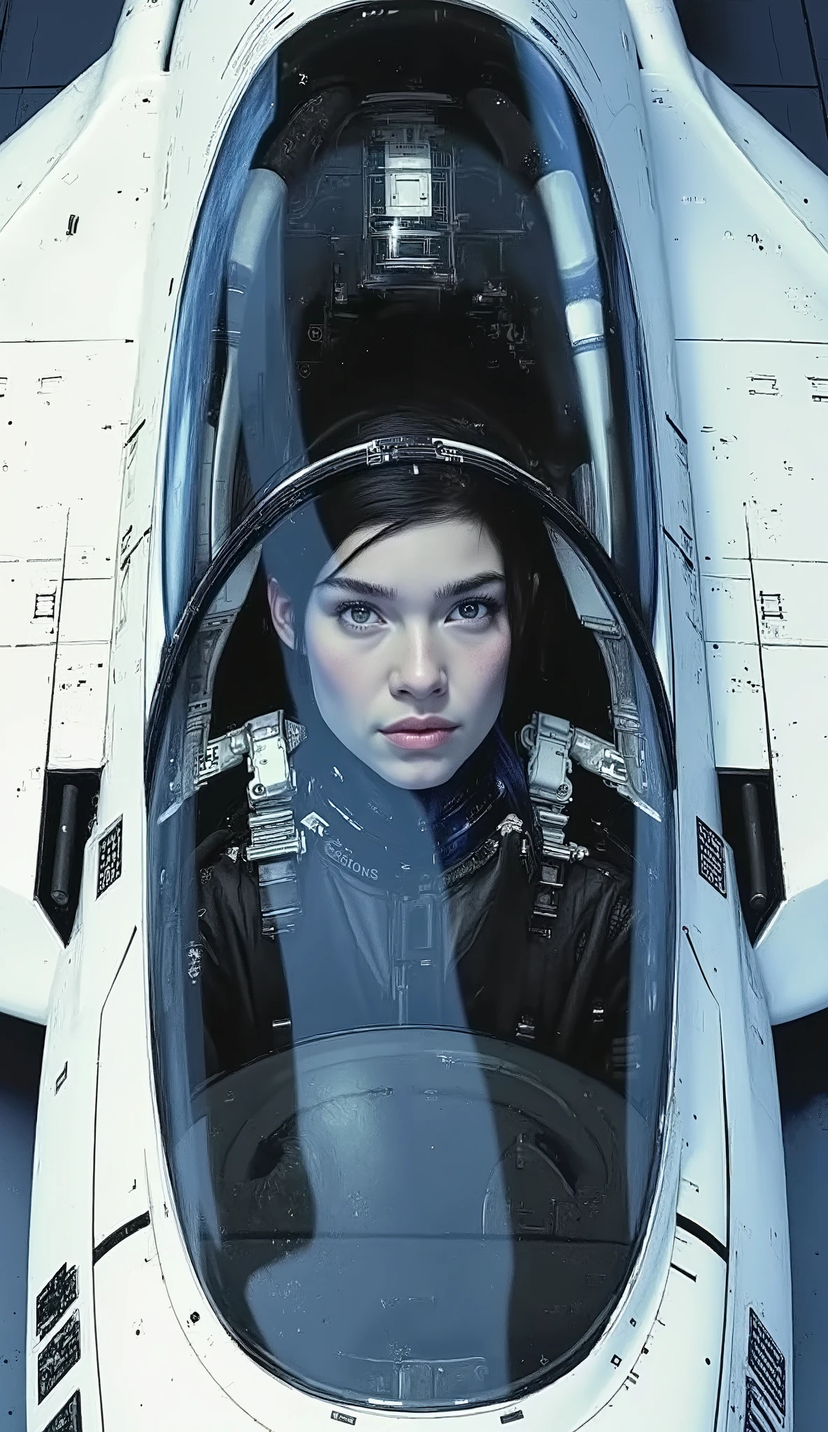 from above 、shot directly above the cockpit canopy、 humanoid robot ...