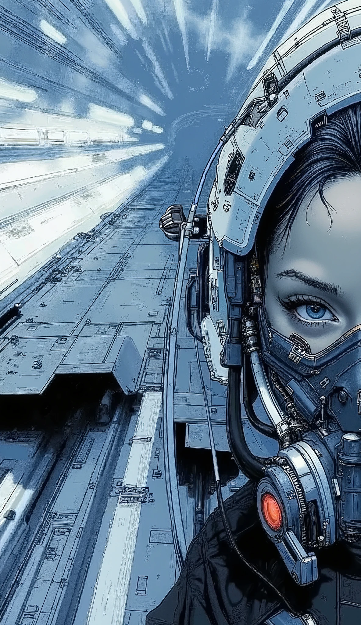 from above 、shot directly above the cockpit canopy、 humanoid robot ...