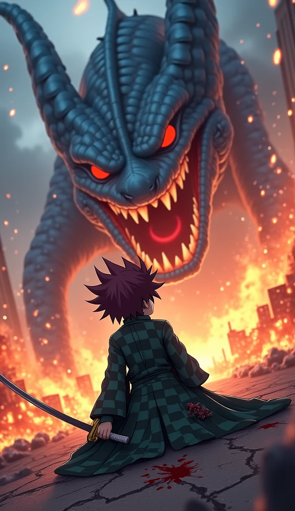A dramatic scene showing an intense battle between an anime warrior and ...