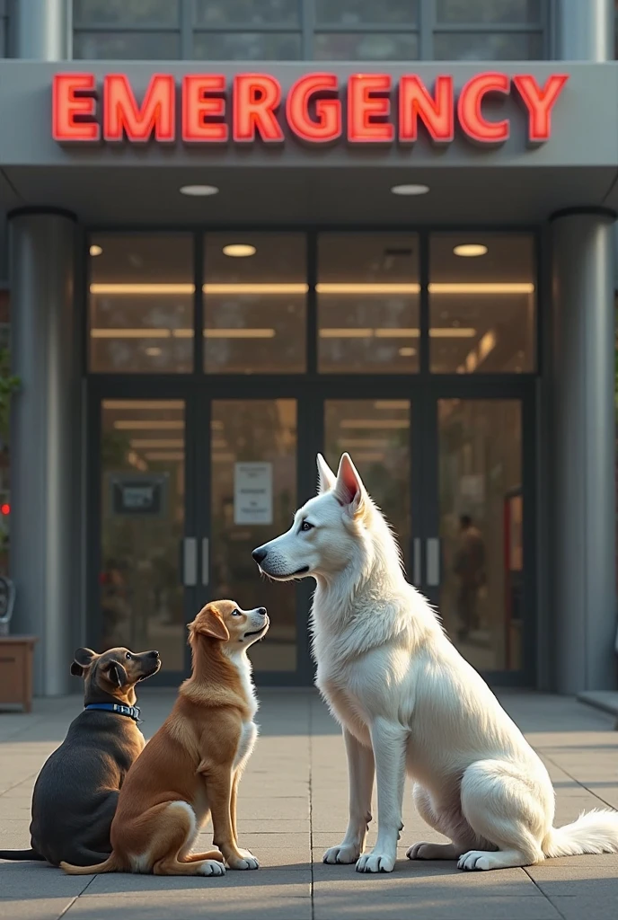 "The dog who wear white coat was talking to the two dogs in front of ...