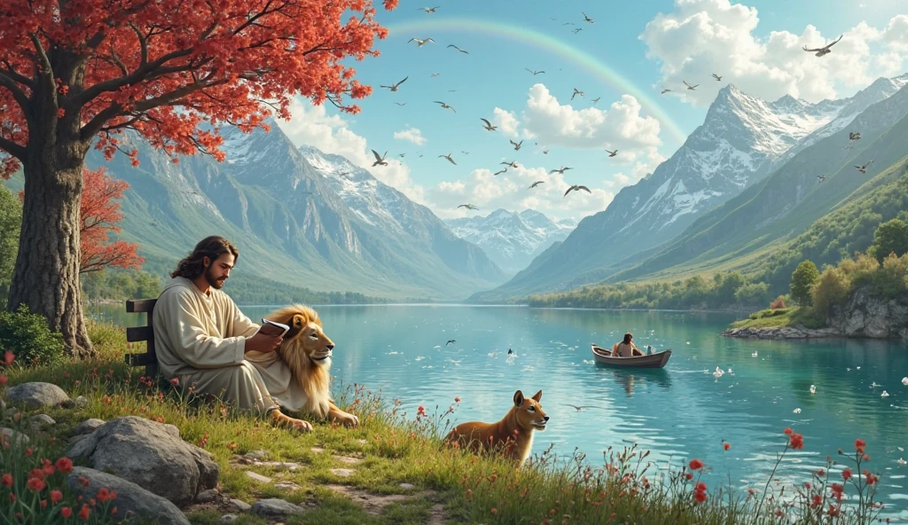 Create for me a very beautiful landscape with green land and beautiful ...