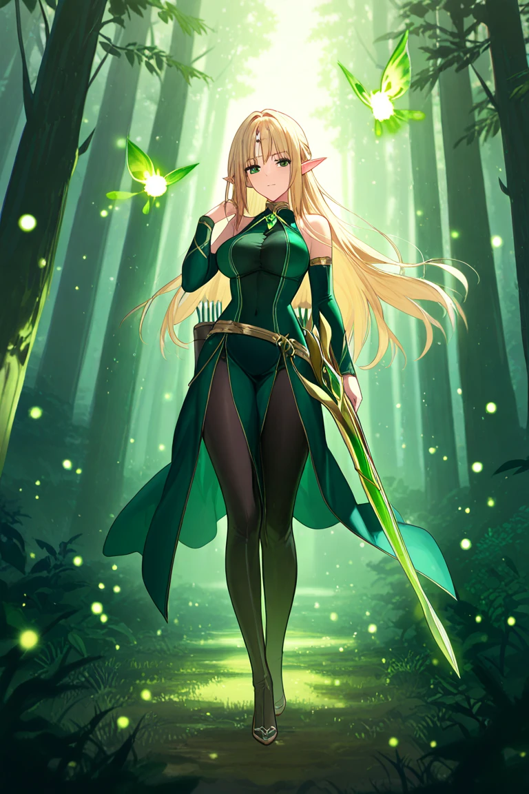An anime-style elf girl with long silky blonde hair and bright emerald ...