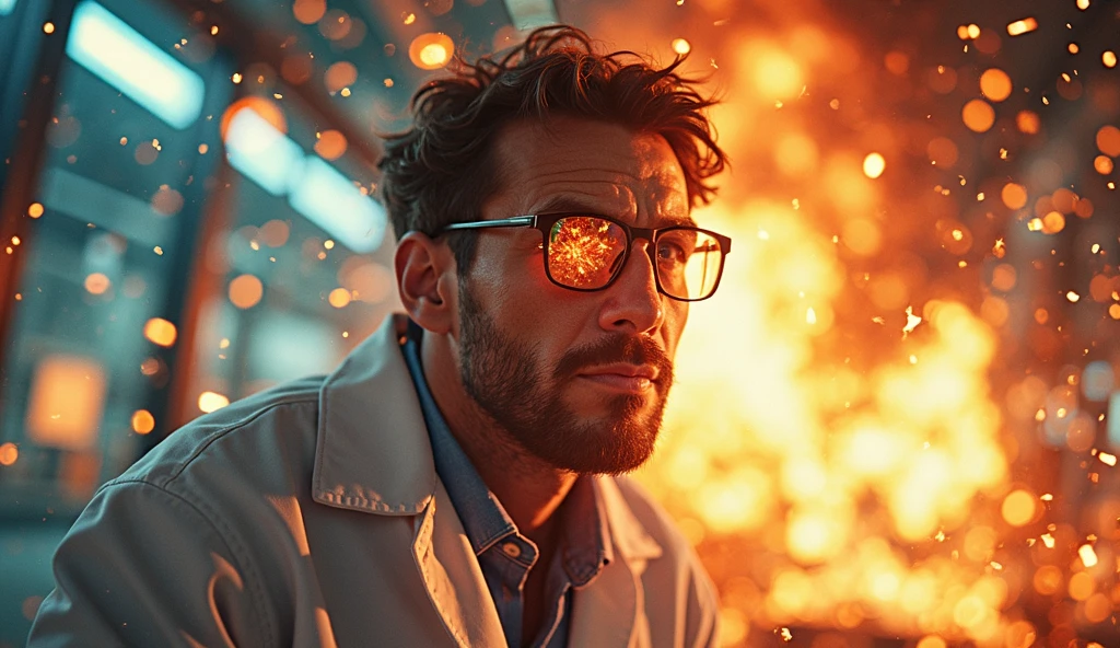 Lab explosion in an futuristic glass office with fiery glow - SeaArt AI