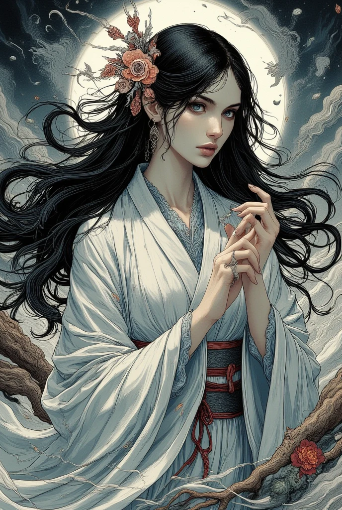 A slender, pale-skinned demon with long, black hair and soft - SeaArt AI