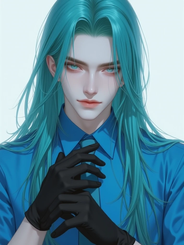 8k, 28 year old male, long straight hair in vivid cyan mint color ...