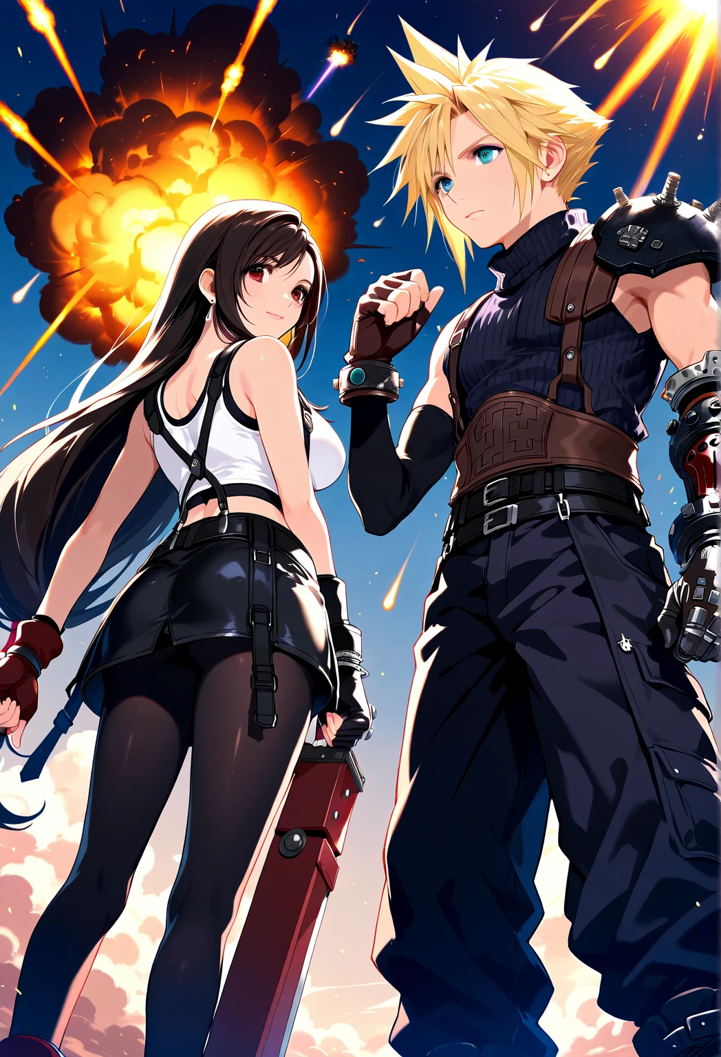 Tifa lockhart, single gauntlet,cloud strife, from below, explosion ...