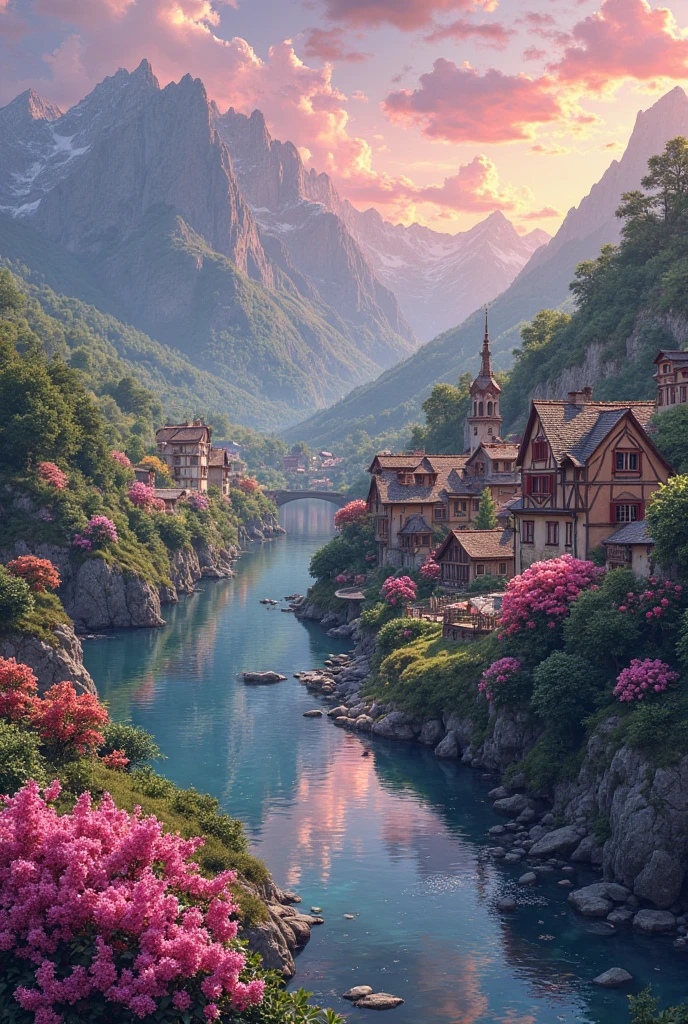 Small village by the river, mountains in the background, colorful pink ...