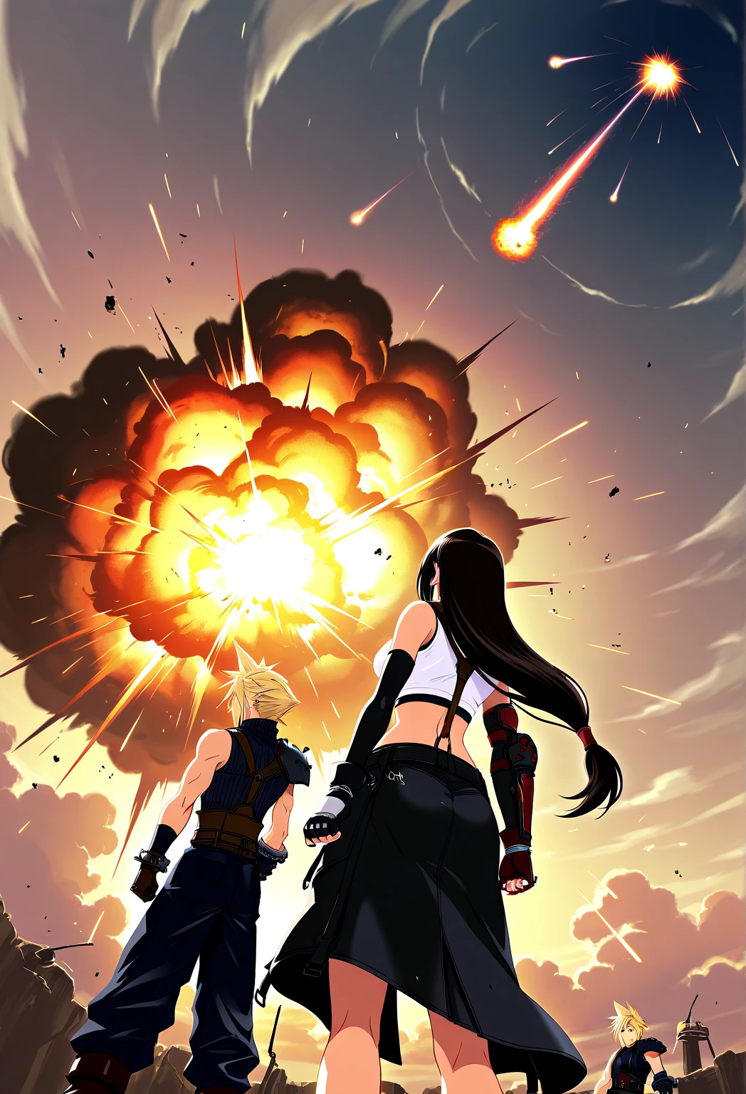 Tifa lockhart, single gauntlet,cloud strife, from below, explosion ...