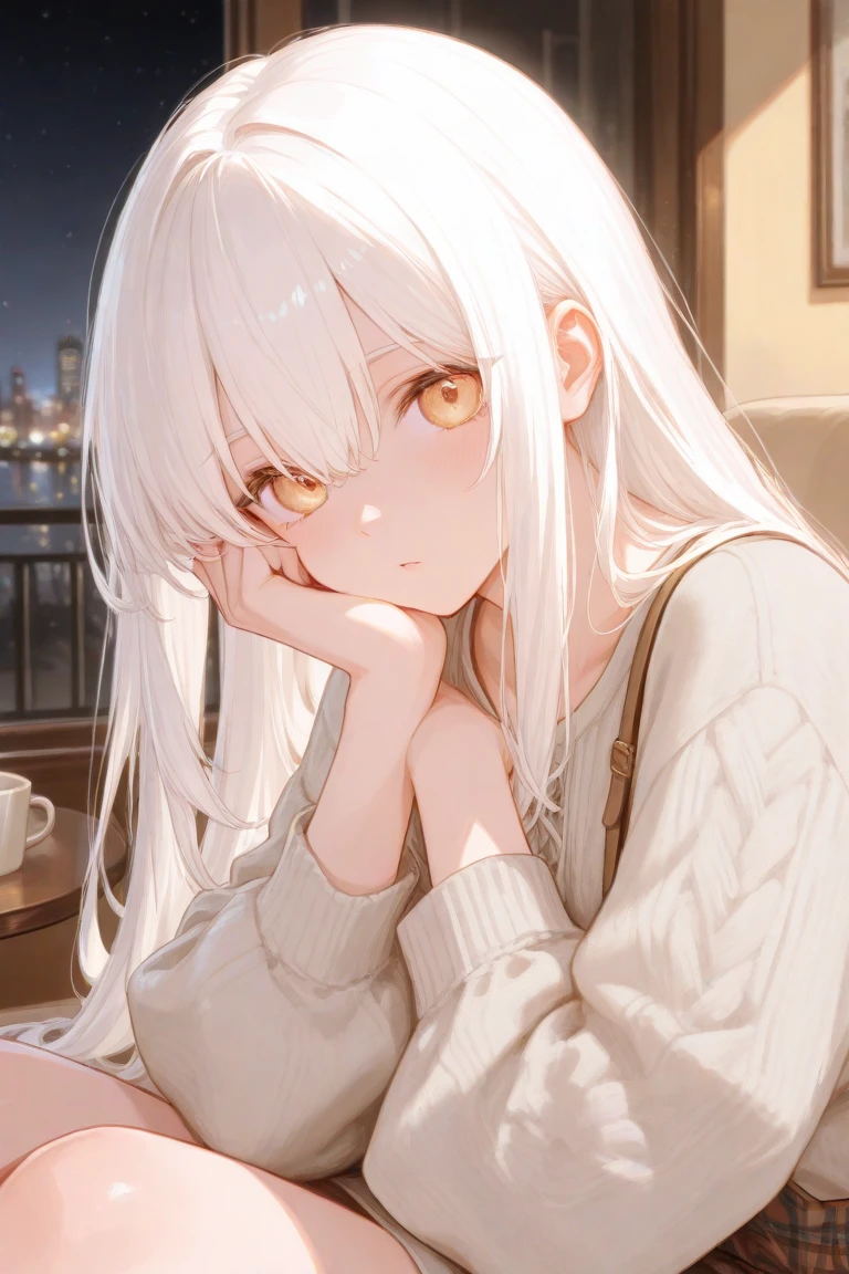 White haired girl 1m65 tall with long hair in casual clothes - SeaArt AI