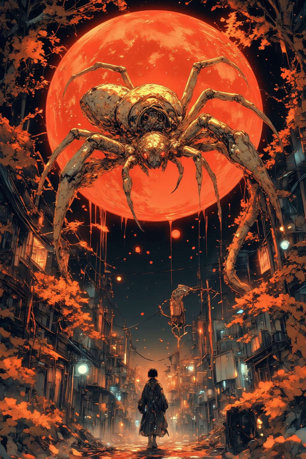 A surreal nighttime scene of a golden spider with thorned legs weaving ...