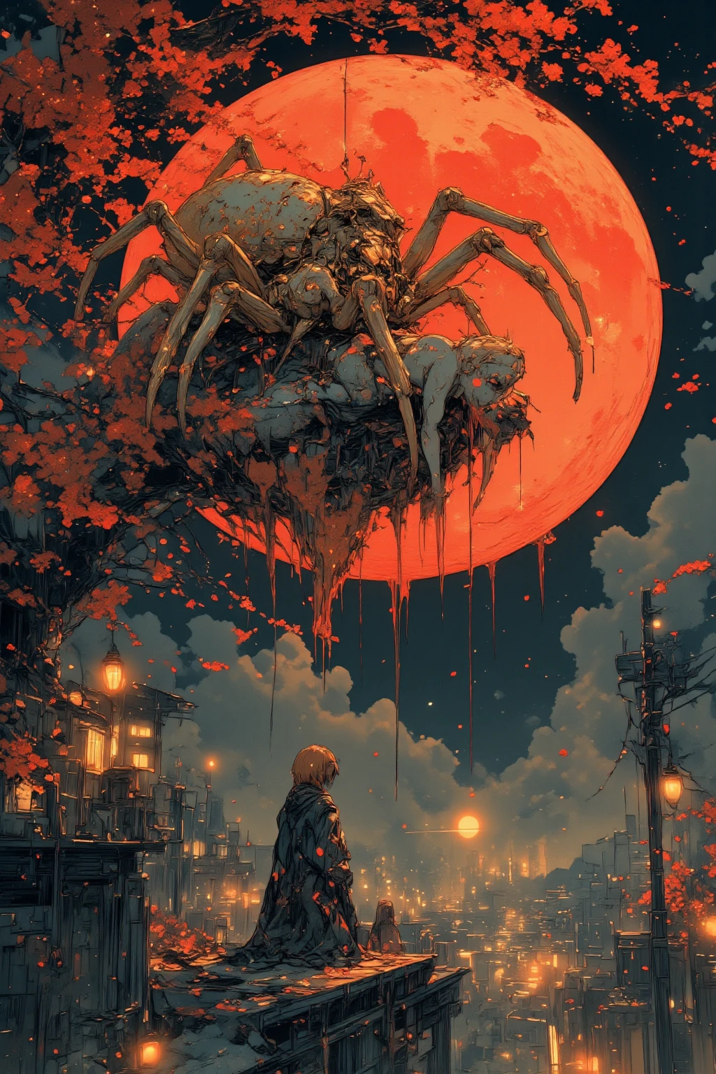 A surreal nighttime scene of a golden spider with thorned legs weaving ...