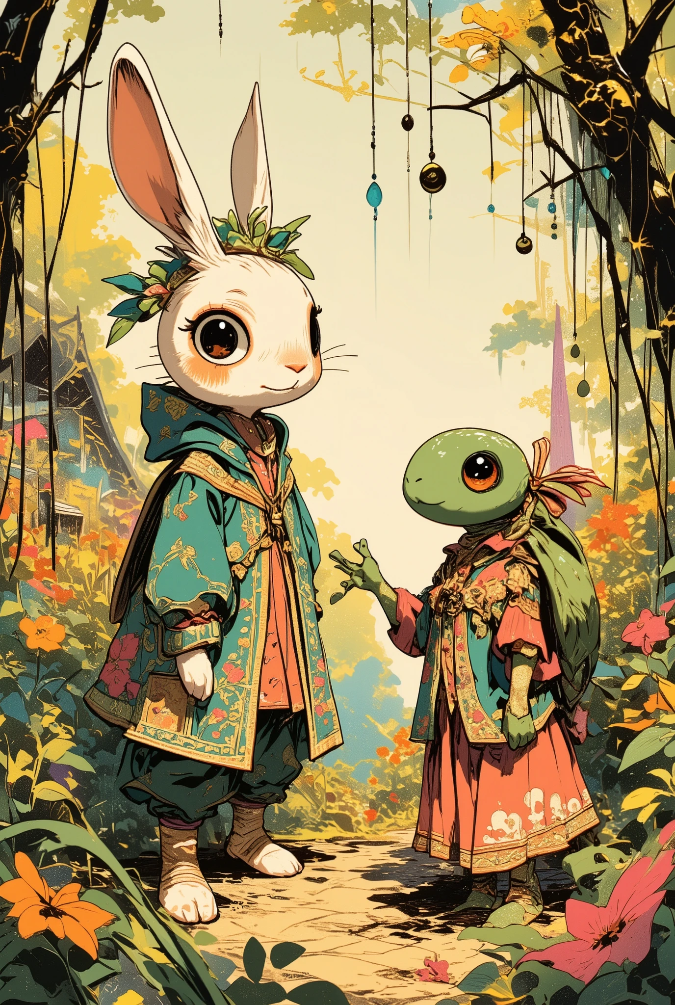 Japanese anime style, Jojo style, rabbit and turtle fairy tale picture ...