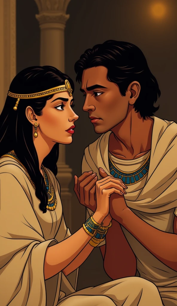 Close-up of Cleopatra sitting beside a trembling man, she touches his ...