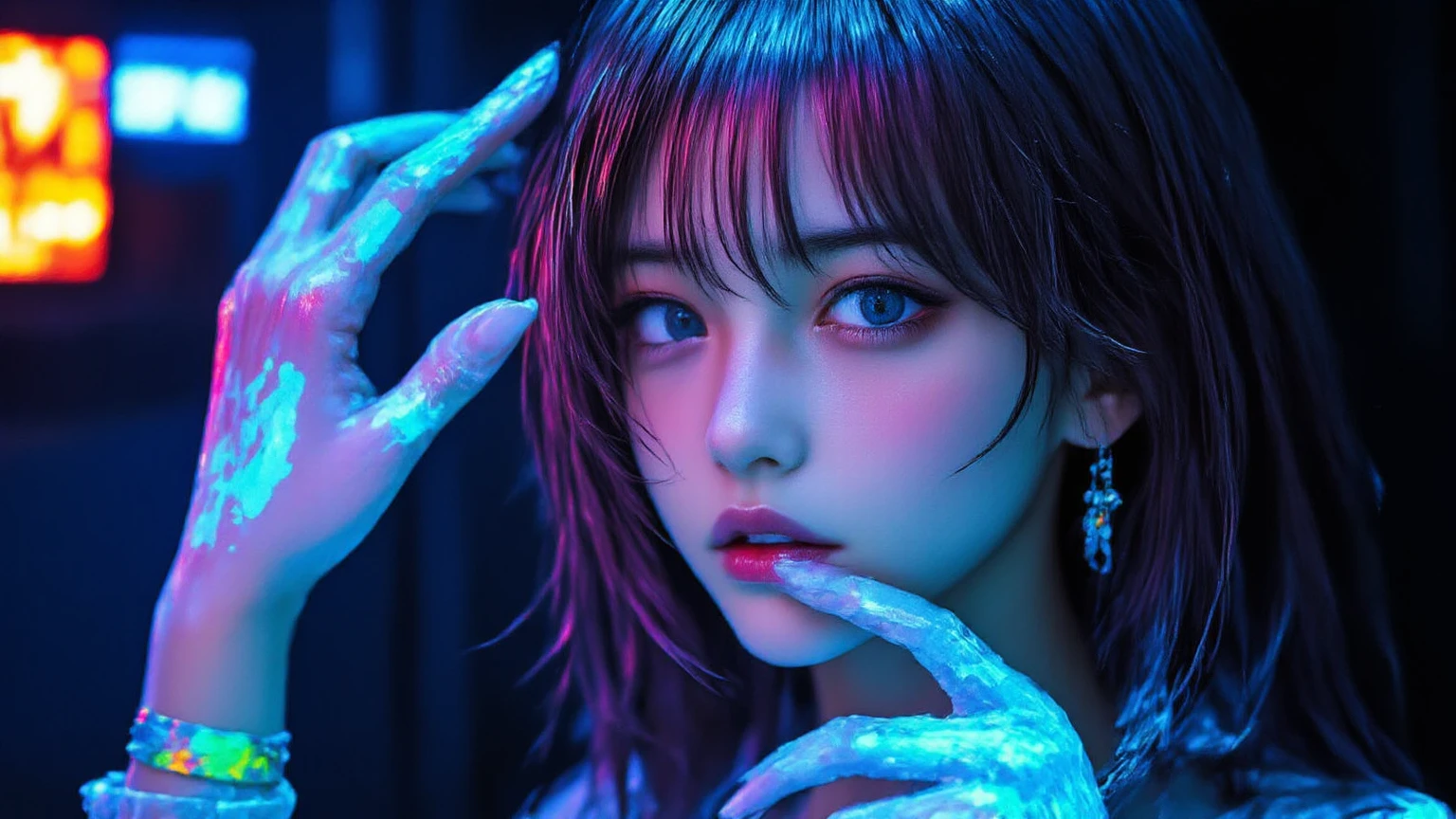 Akari is、neon gradation hair and luminous eyes along with holographic ...