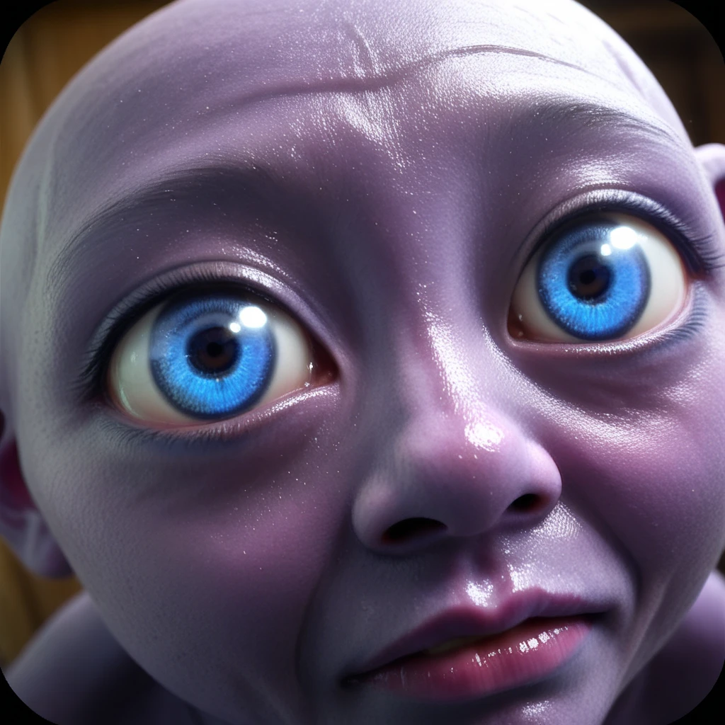 fisheye lens vignetting, blue goblin, bald, wrinkled, large eyes ...