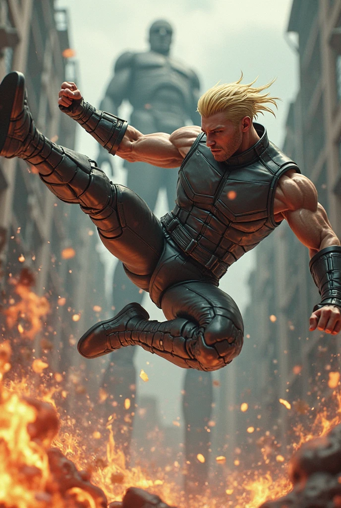 Guile the street fighter wearing an armour suit duing summersault kick ...