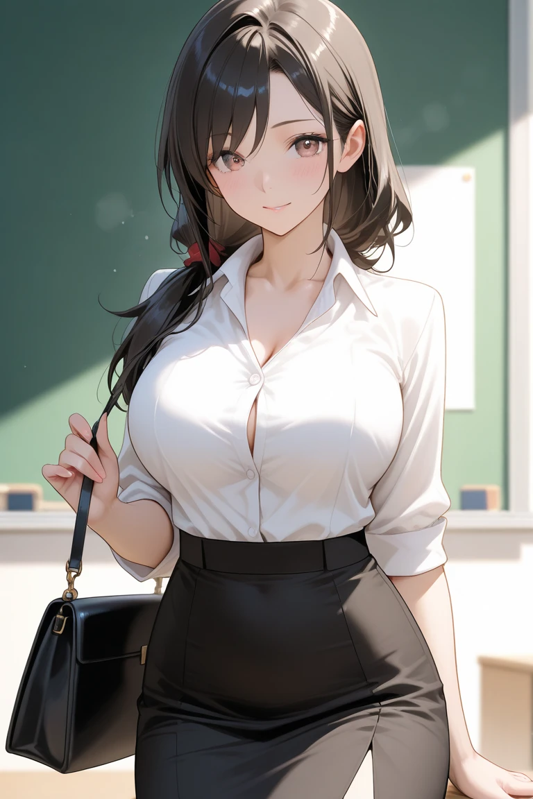 In teacher's office, white shirt, black short skirt, front view - SeaArt AI
