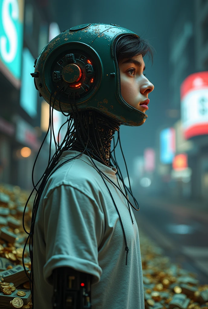 A surreal cyberpunk humanoid machine with a computer monitor for a head ...