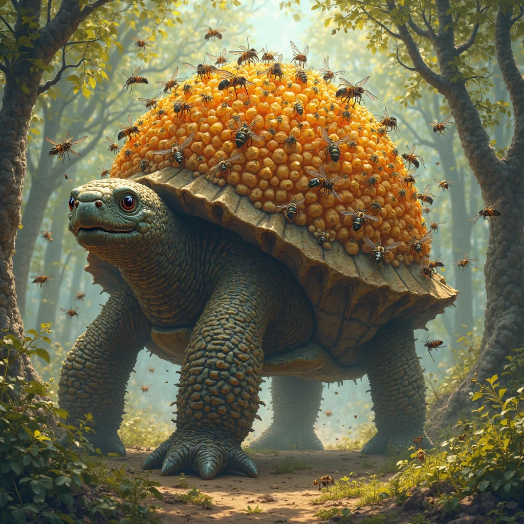 Fantasy illustration of a giant turtle-like creature carrying a huge ...
