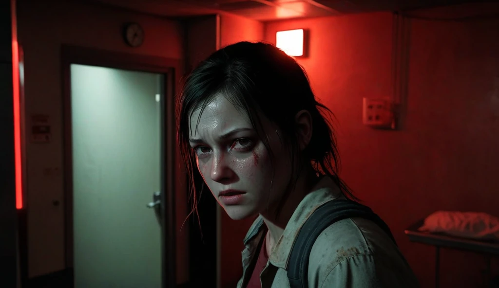 Ellie from the last of us, dark hall way, hospital, red lighting ...