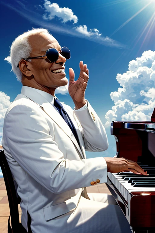 A clear image of Ray Charles playing piano in the clouds with a big ...