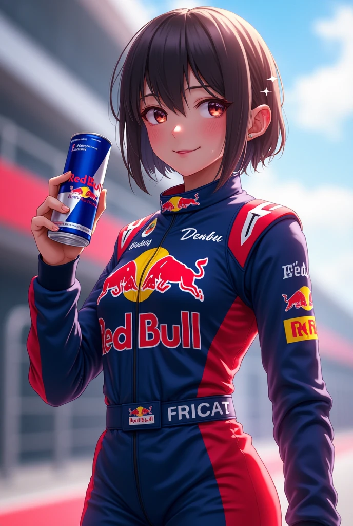 An anime girl wearing redbull racing suit and holding red bull can on ...