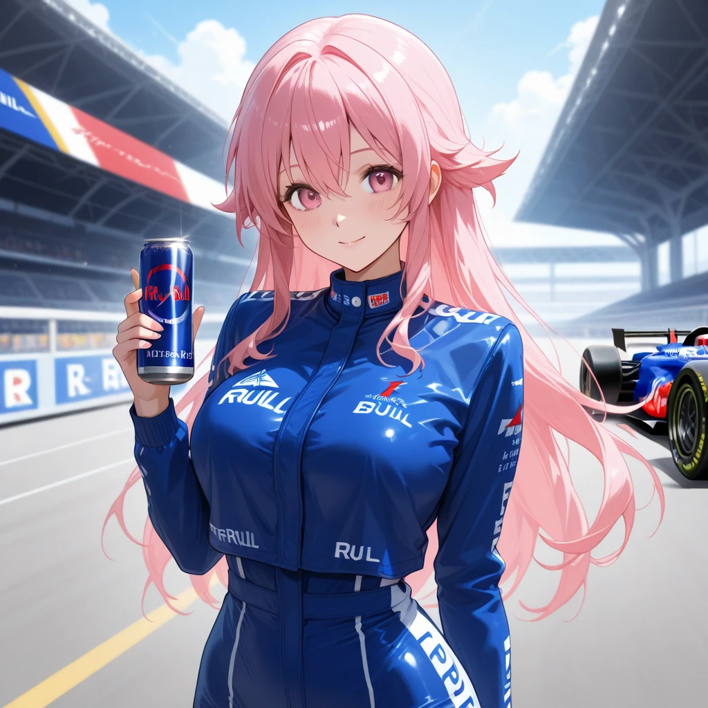 A pink haired anime girl wearing Ferraris formula 1 racing suit and ...