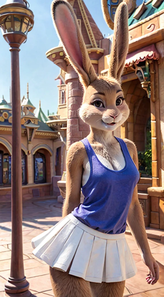 Anthro female rabbit, brown fur, white tank top, white skirt - SeaArt AI