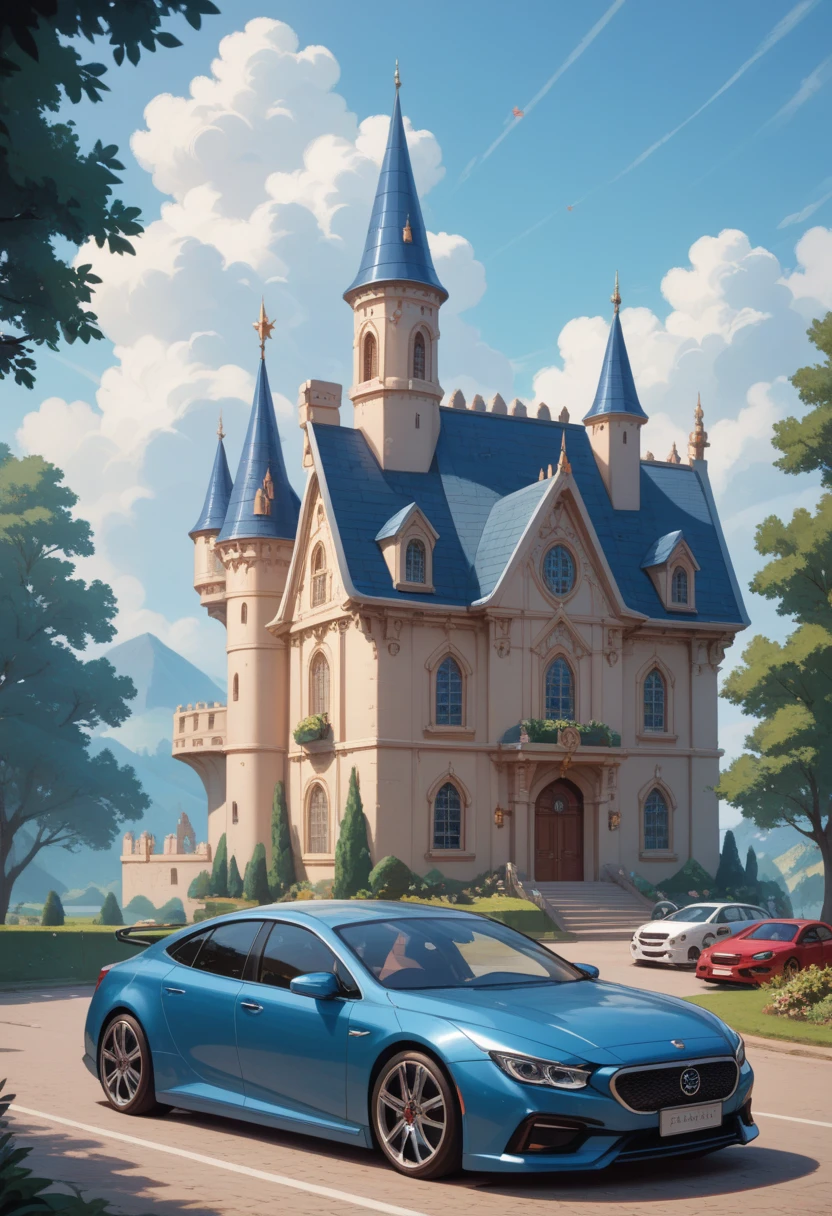 Napolium drives an electric car to its castle - SeaArt AI