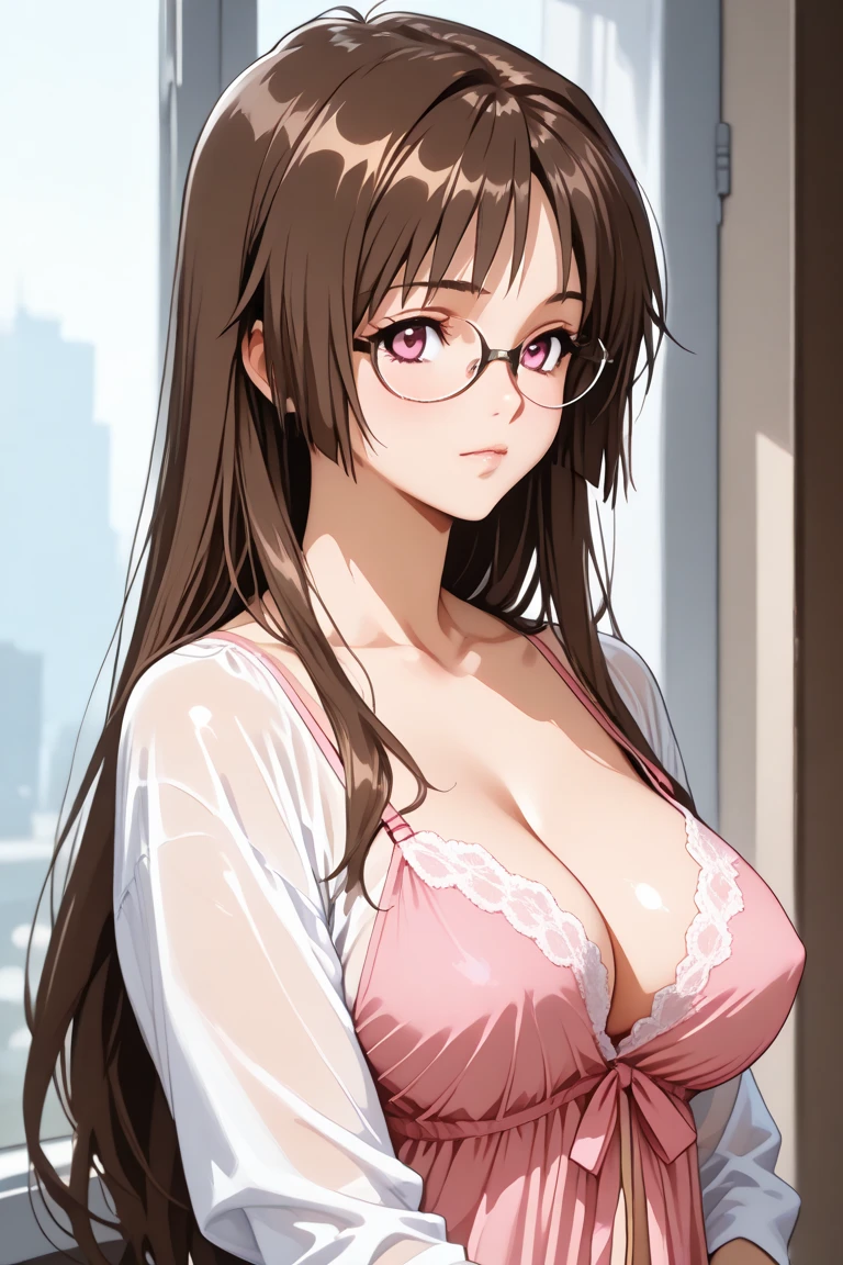 Haruna, brown hair, pink eyes, long hair, glasses, large breasts - SeaArt AI