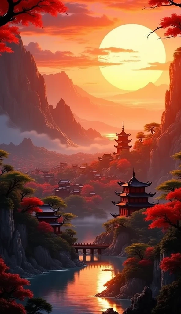 Fantasy style landscape Sunset over an ancient city in traditional ...