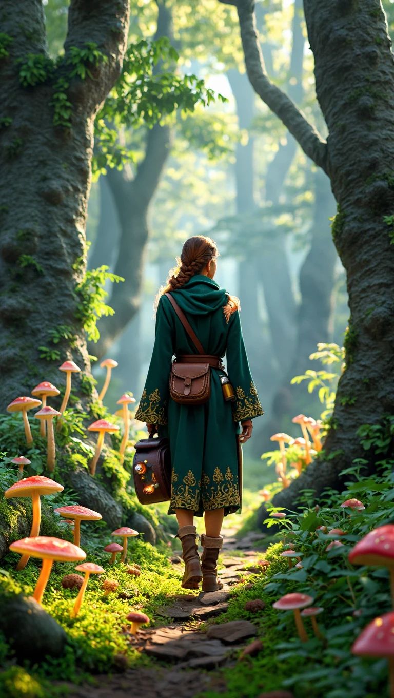 Third-person over-the-shoulder view, fantasy RPG game scene, a young ...