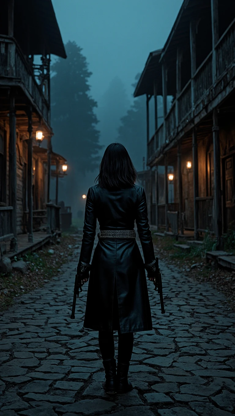 Third-person over-the-shoulder view, horror scene, night, a beautiful ...