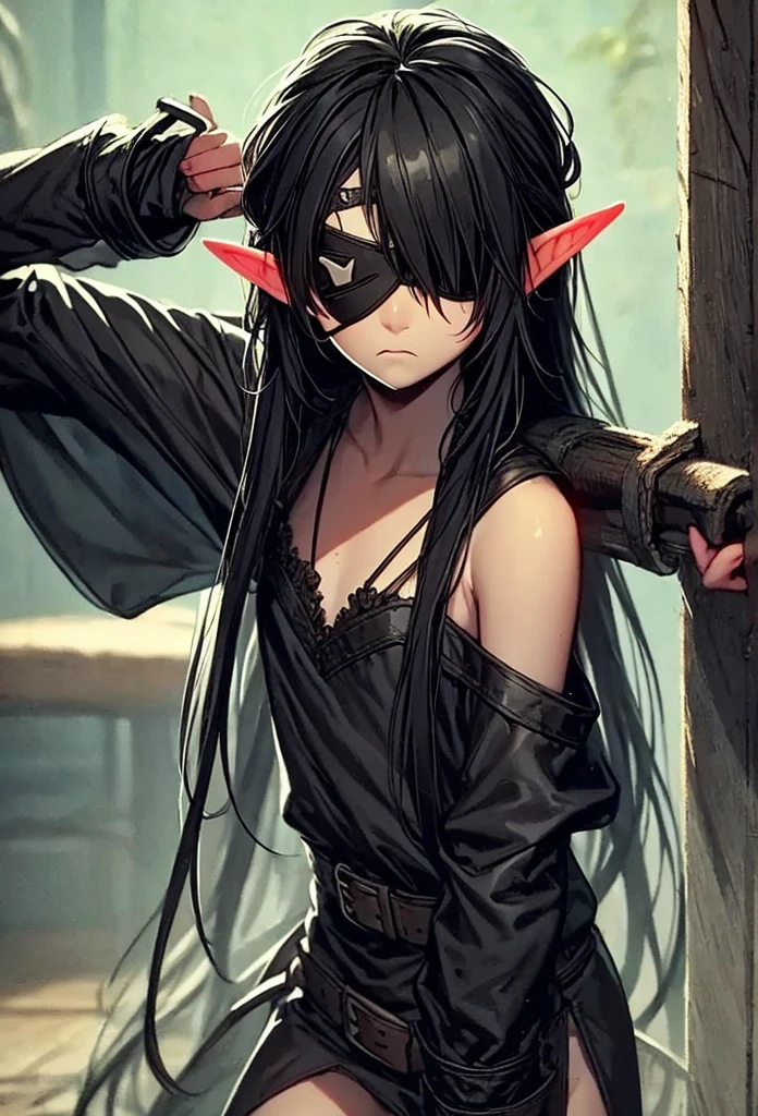 Short tiny elf girl, warrier slave, serious face, (eye patch - SeaArt AI
