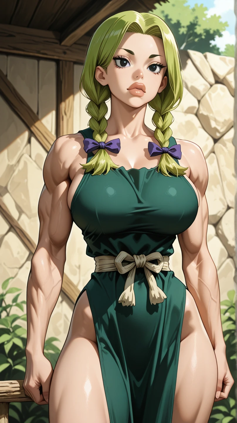 Women,Nikki Hanada from Dr. Stone, yellow-green hair with two braids - SeaArt AI