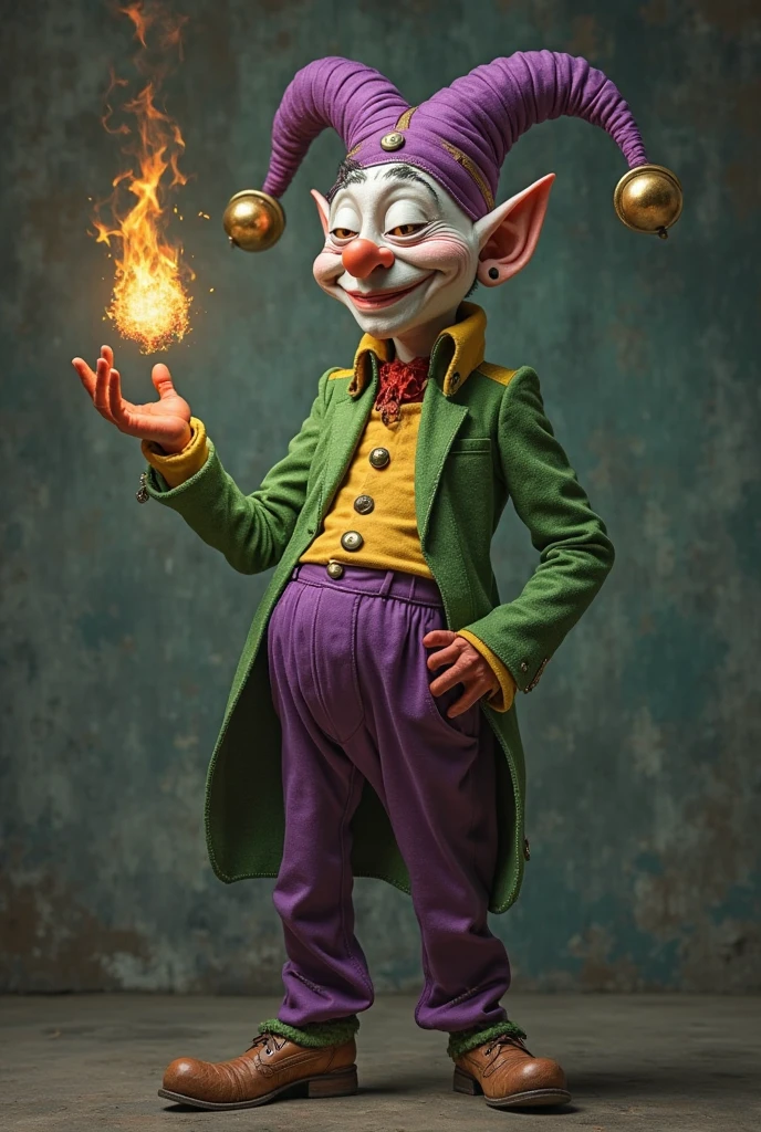 A pale-skinned buffoon, green and purple clothing, In his belly a ...