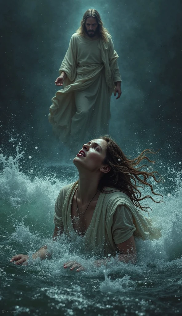 A woman drowning, Jesus behind , a noite - SeaArt AI
