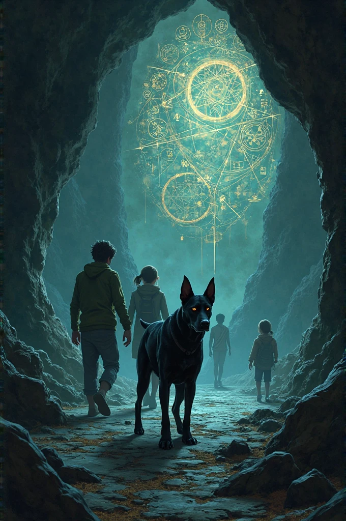 Shadow, the black Labrador, leads Noah and Mira into a dark cave ...