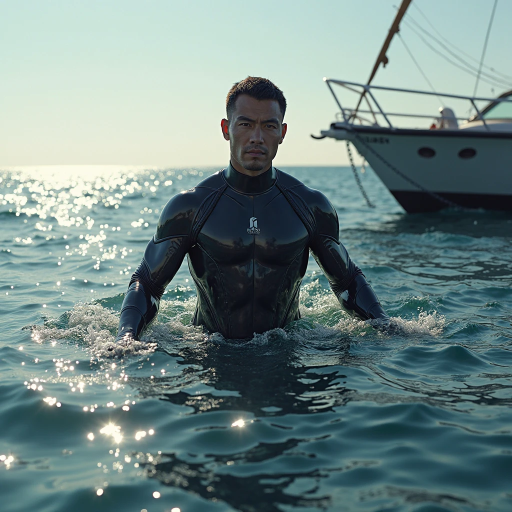 Create a realistic, professional, creative diver man above the water ...