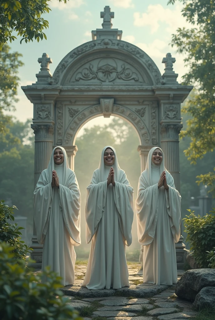 People smile and rise from grave tomb with white bright full dress ...