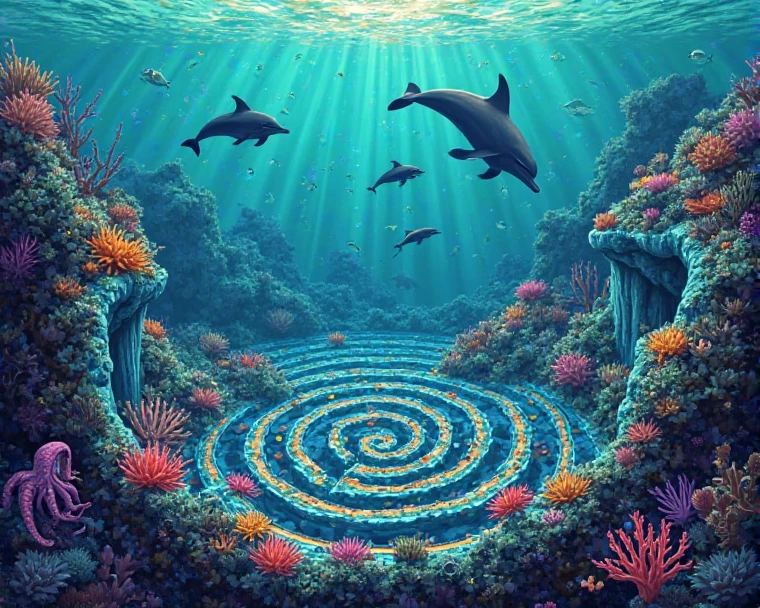 `Cross-section of coral labyrinth, dolphin pod using echolocation to ...