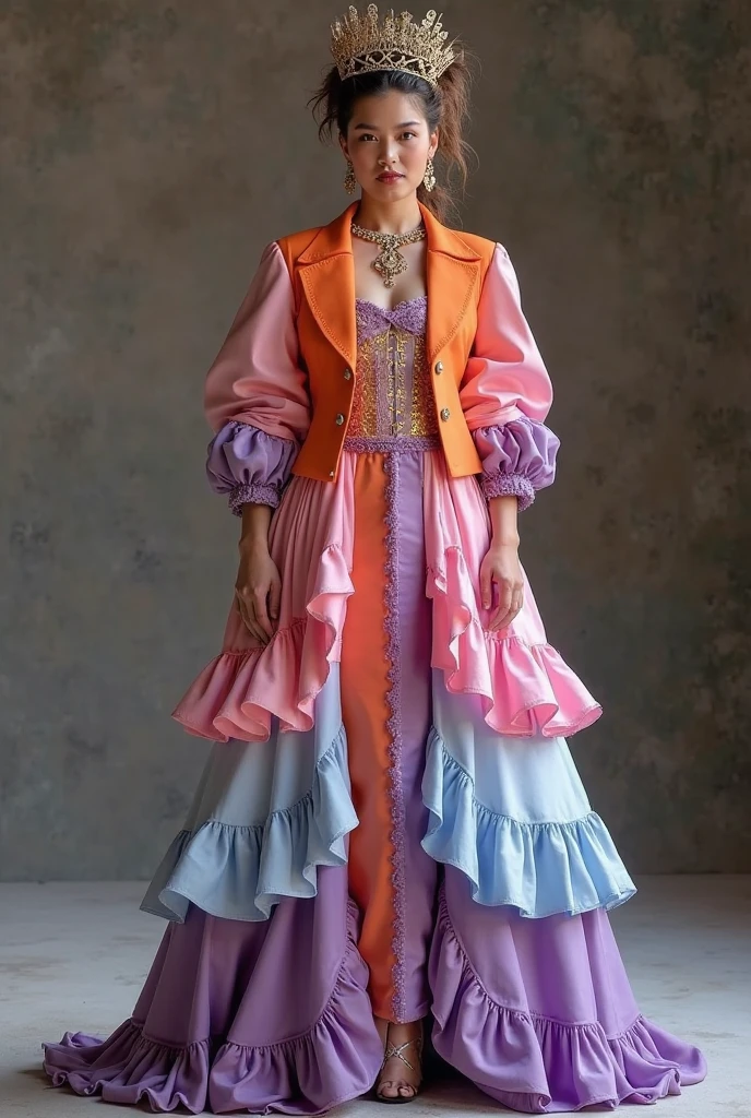 ピンクの袖のあるウルグアイのムルガの衣装を作る, オレンジ色のスーツの中央部分, ライラックとバイオレットの色合いで始まり - SeaArt AI