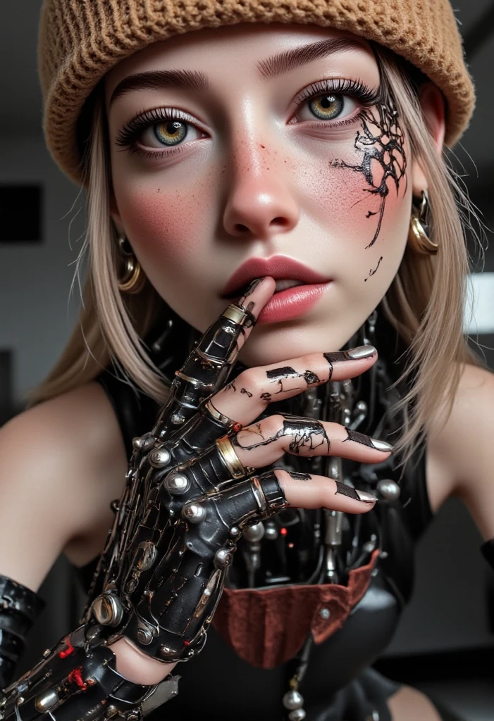 The face of a beautiful woman, cyborg, (((Typing a kiss))), full lips ...