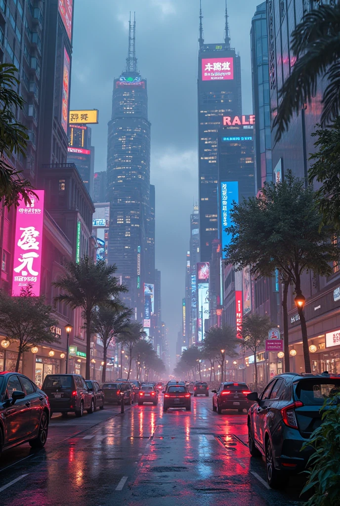 Panoramic view of a city's commercial center. image style: Hyper ...