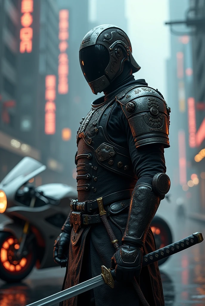 Photorealistic portrait of a stoic male samurai wearing intricately ...