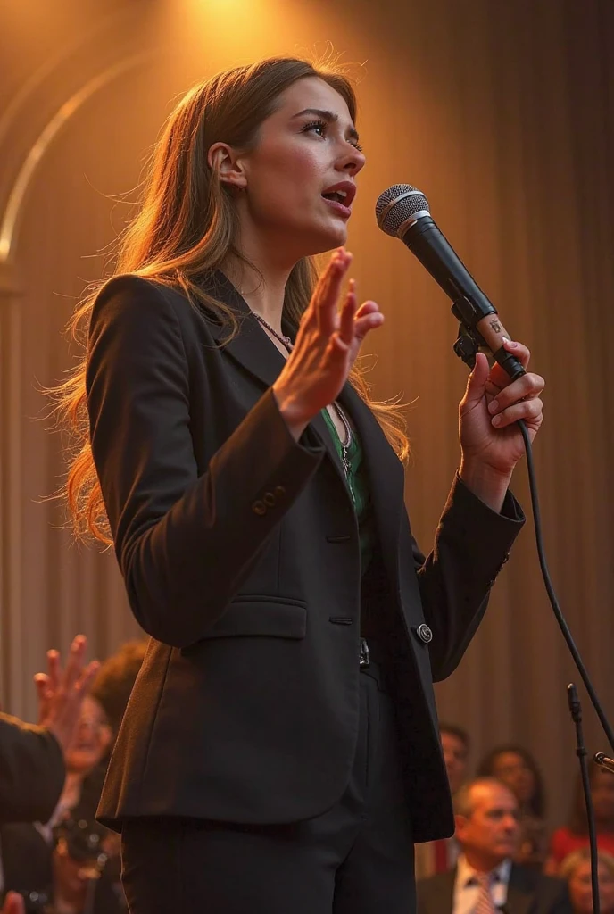 A girl talking on the microphone tells Qassu - SeaArt AI