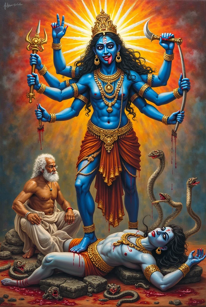 A vibrant painting depicts the Hindu goddess Kali, a figure of immense ...